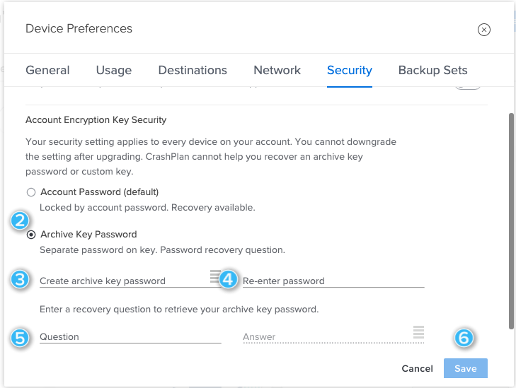 Enable archive key password security for backups – CrashPlan Help Center